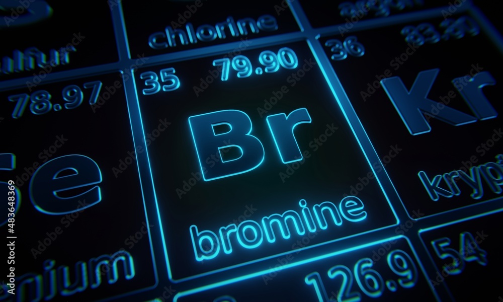 Focus on chemical element Bromine illuminated in periodic table of ...