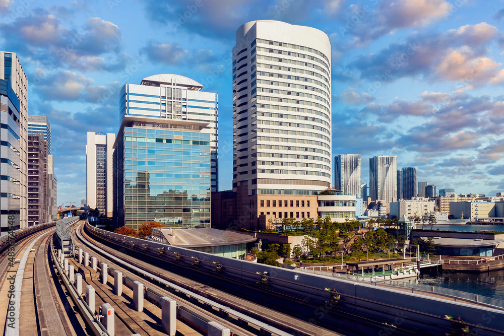 Tokyo overpass. Japan railways. Road over bay. Tokyo blue sky. Tokyo ...