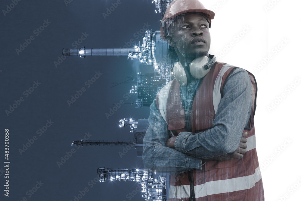 Double exposure of portrait engineering male African American workers ...