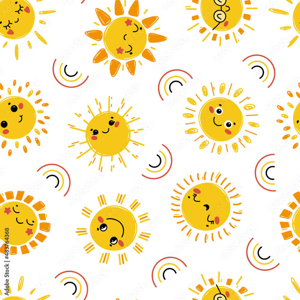 Childish Background with Cute Yellow Sun Faces and Rainbow. Happy ...