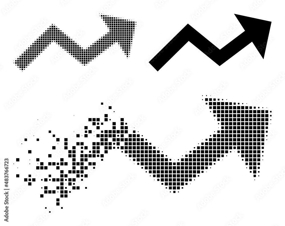 Dispersed pixelated growing trend arrow vector icon with wind effect ...