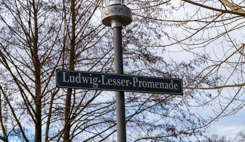 Bad Saarow, Germany, street sign of the Ludwig-Lesser-Promenade that ...