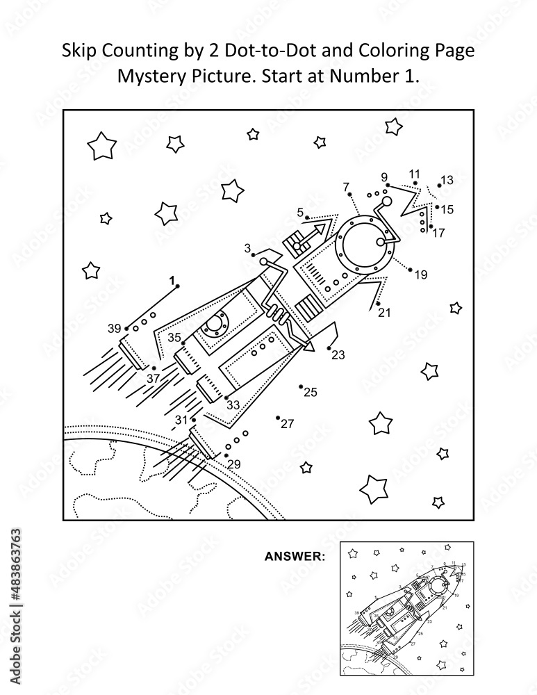 Skip counting connect the dots picture puzzle and coloring page, space ...