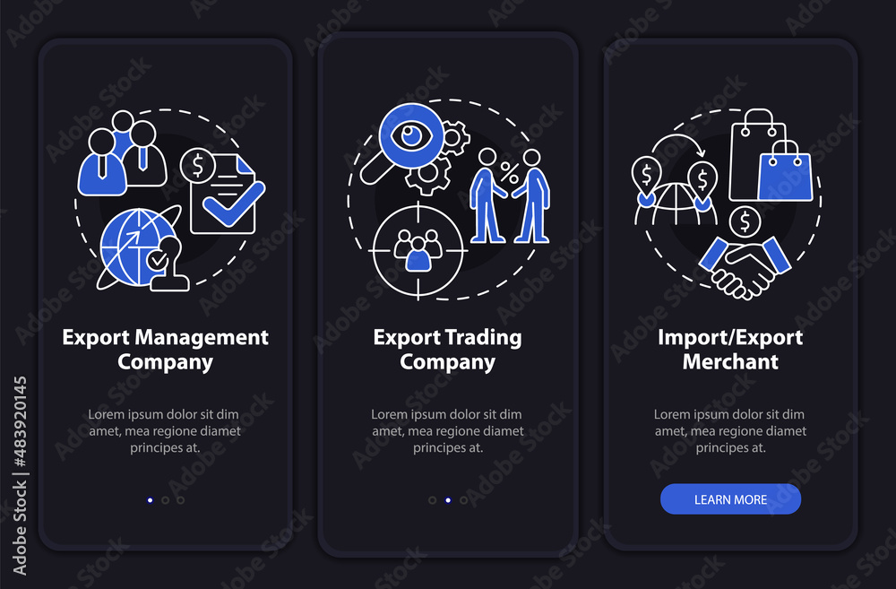 Types of export business night mode onboarding mobile app screen ...