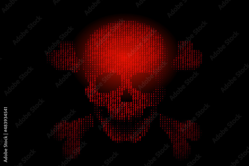 skull with bones in binary code stream on black background.concept of hacker attack, cyber ...