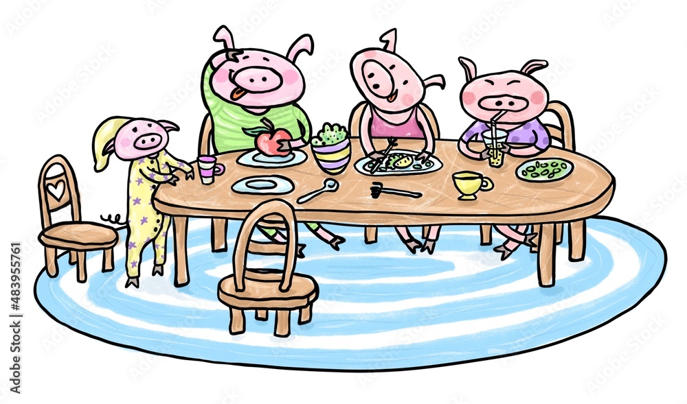 Family of cute pigs. Parents and children. Breakfast at home. Drinking ...