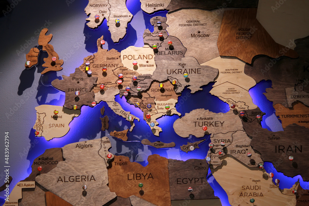 Vintage map of Europe with illumination and flags Stock Photo | Adobe Stock