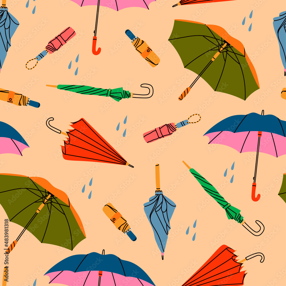 Different umbrellas in various positions. Open and folded umbrellas. Hand drawn colored Vector ...