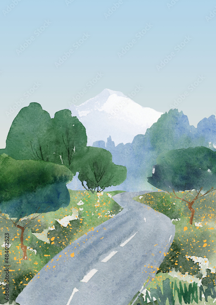 landscape clipart, watercolor mountain road clipart, forest background ...