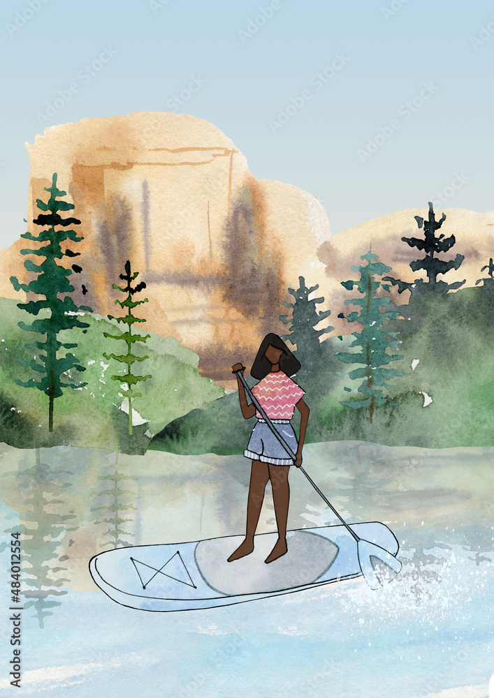 summer lake activities clipart, black girl paddle boarding, travel ...
