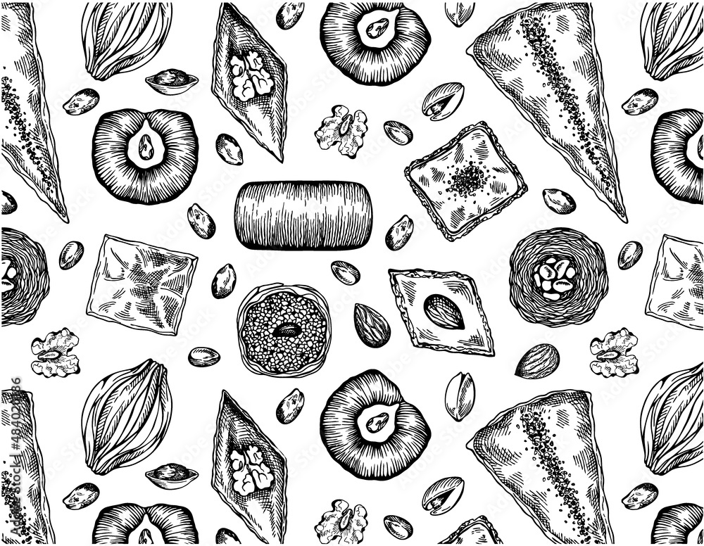 Sketch drawing pattern of Turkish baklava isolated on white background ...