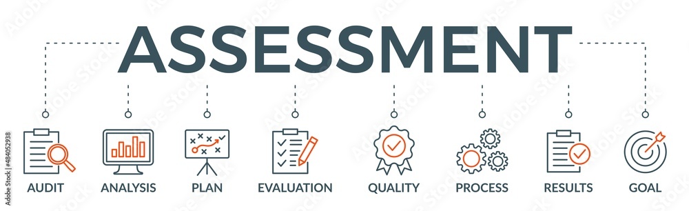 Assessment banner web icon vector illustration for accreditation and evaluation method on ...