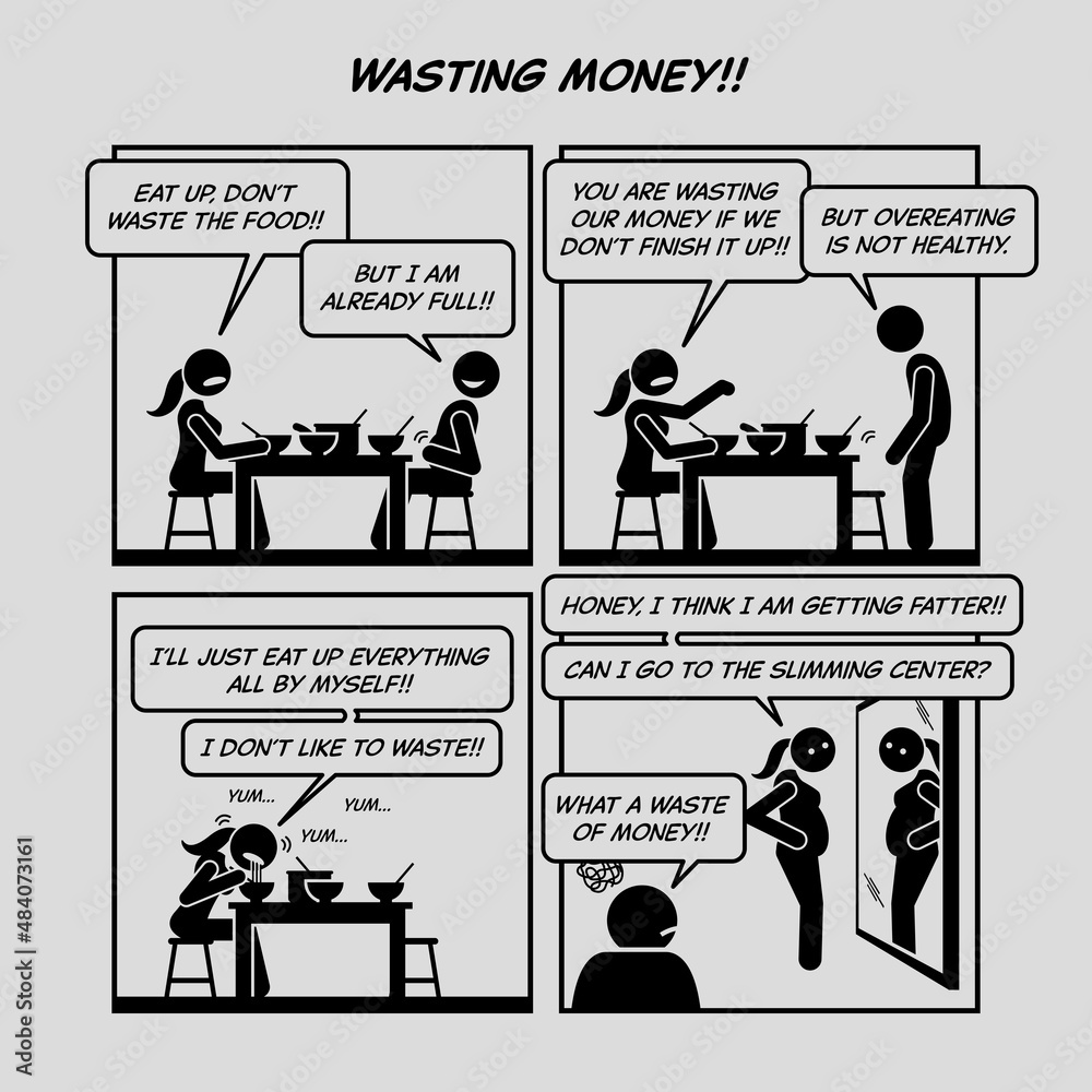 Funny comic strip. Wasting money. Woman eating too much, gain weight ...