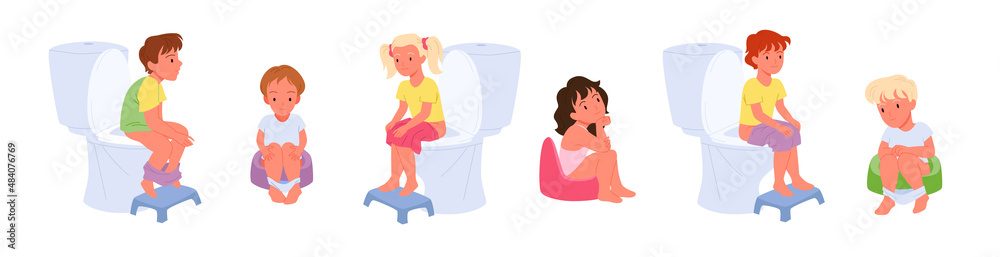 Cartoon funny kids pee or defecate in restroom, lavatory isolated on ...