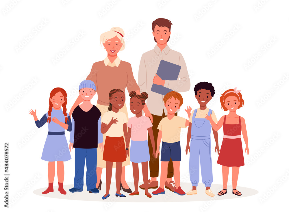 Cartoon female educator standing with happy young students, group of ...
