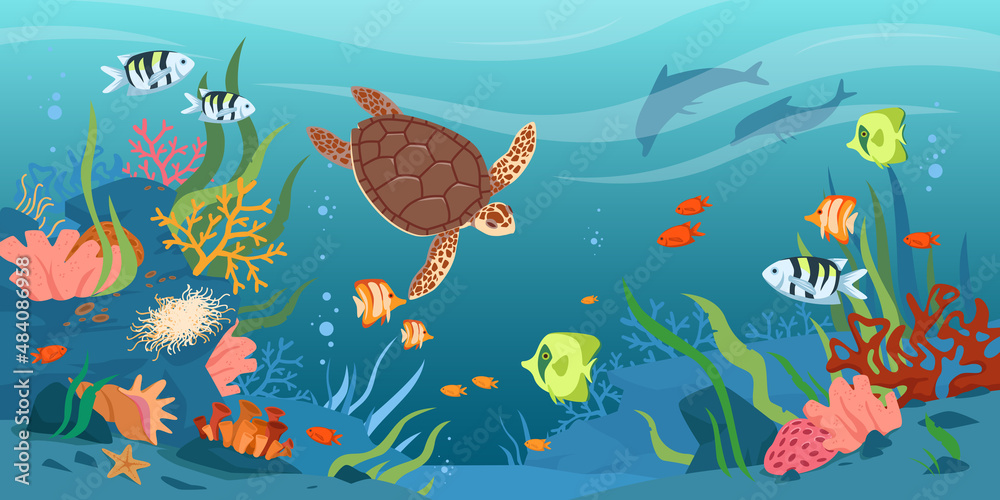Turtle in sea or ocean waters, underwater tropical wildlife vector ...