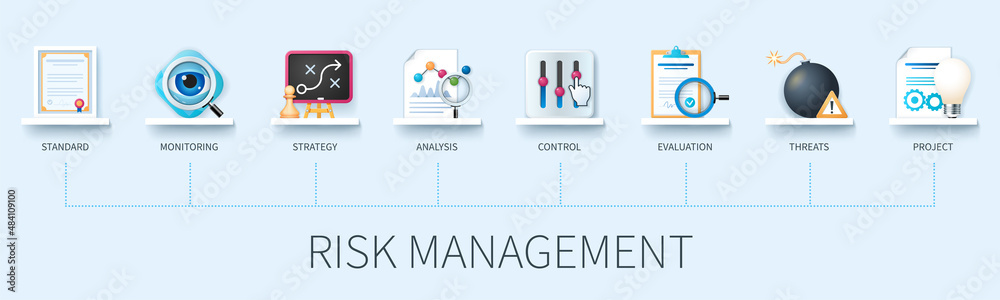 Risk management concept with icons. Standard, monitoring, strategy ...