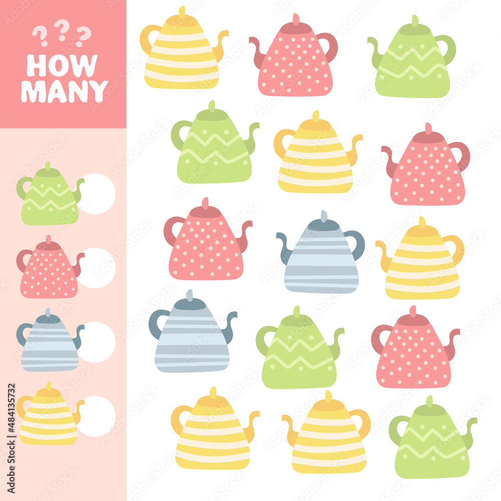 Counting game with cute kettles. Math activity for preschool children ...