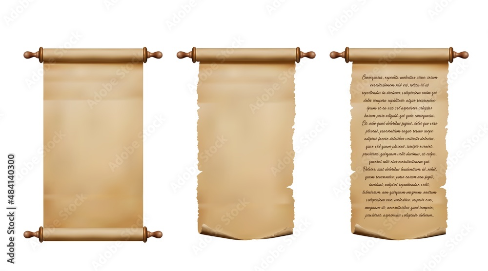Old parchment paper scroll and ancient papyrus manuscript. Realistic antique vector rolls of ...