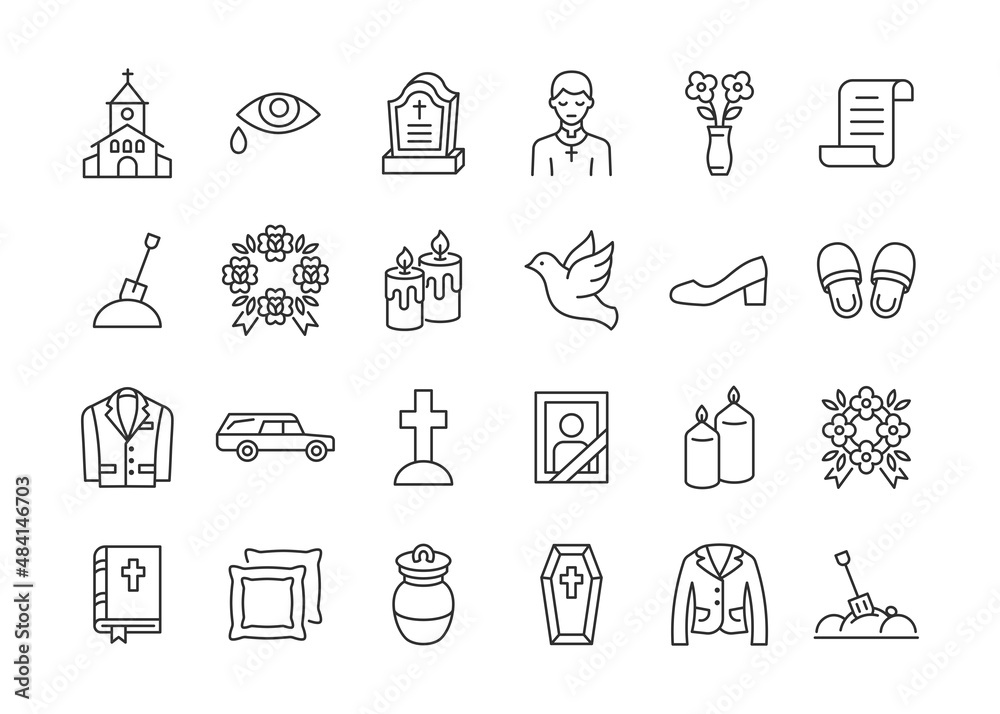 Funeral agency line icon set. Hearse, coffin, dove, gravestone, wreath ...