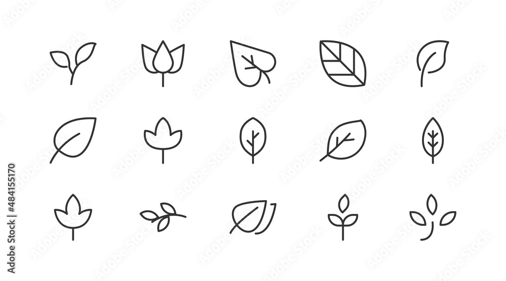 Linear icon set of leaves. Stock Vector | Adobe Stock