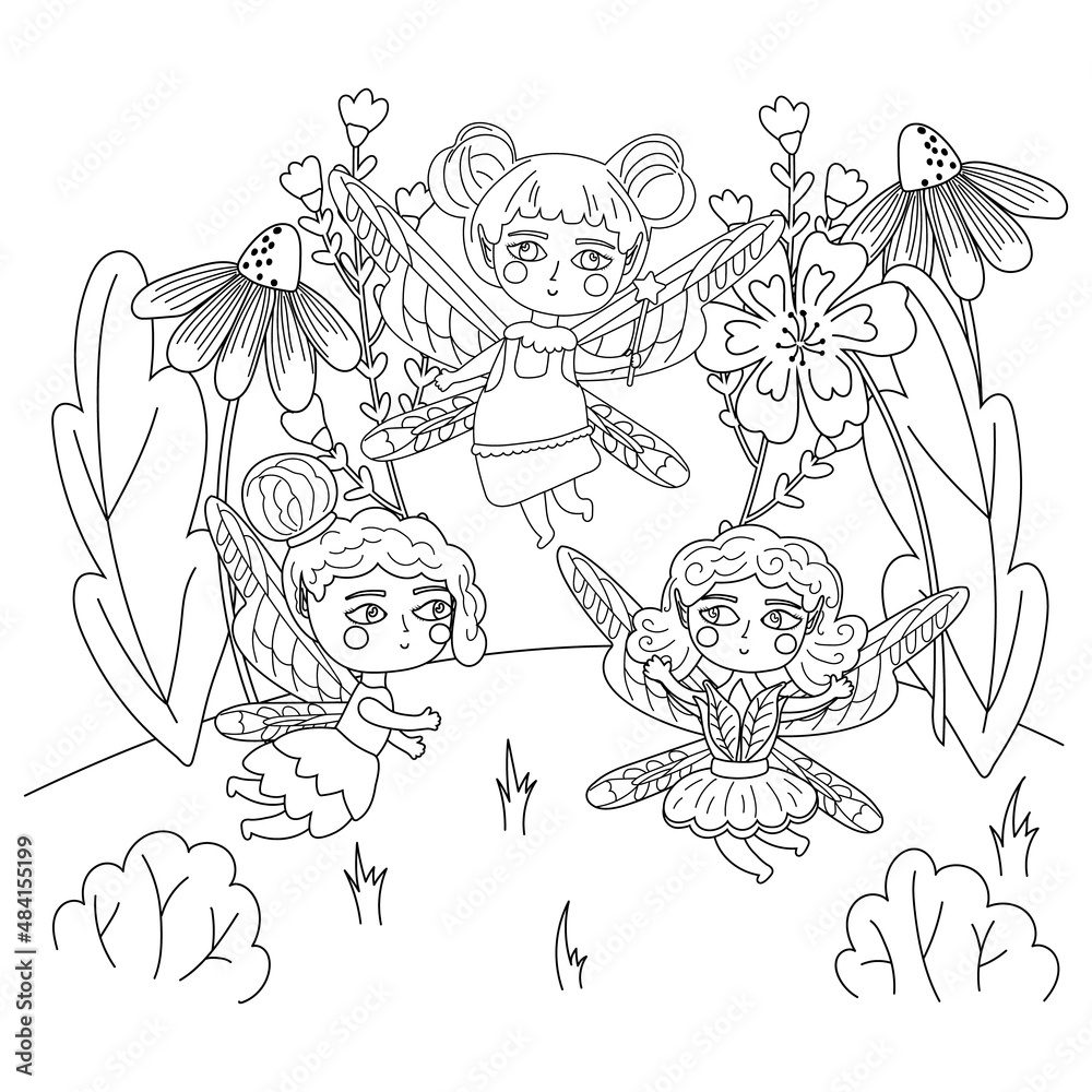 illustration coloring page of magical fairies among flowers. Coloring ...