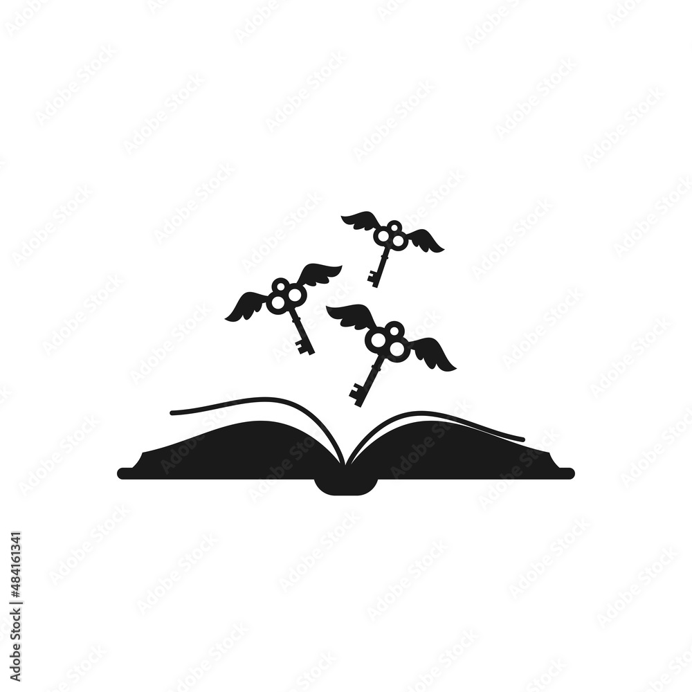Open book with flying vintage keys with wings on white background ...