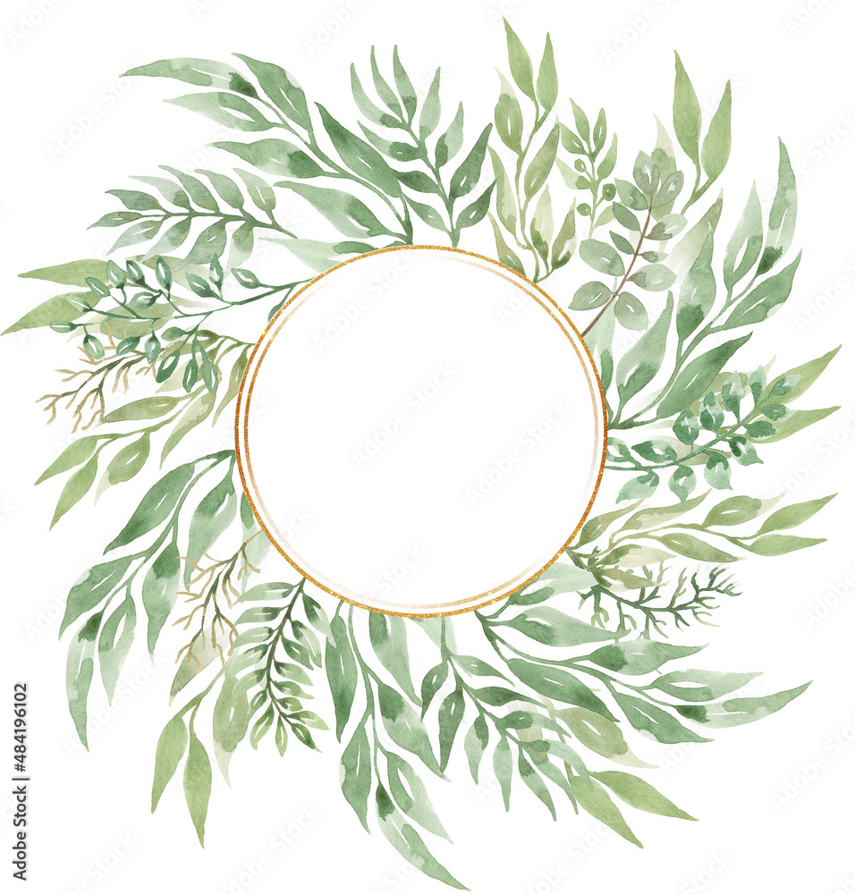 Watercolor hand drawn Greenery Wreath Clipart, Green Florals Leaves ...