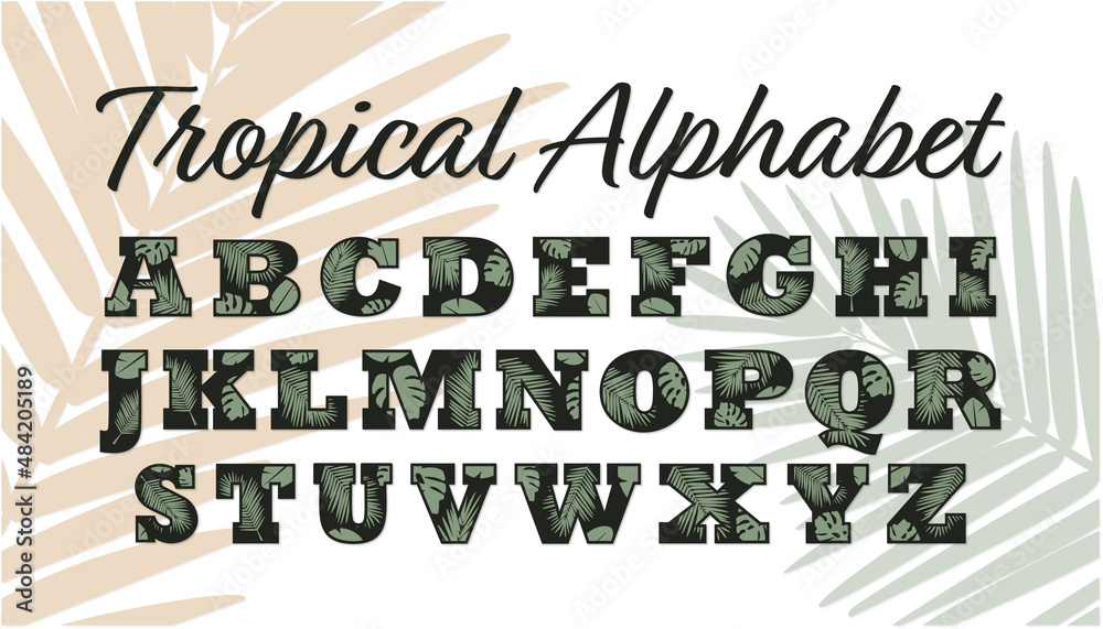 Tropical Alphabet Palm leaves letters Summer monogram Jungle abc Stock ...