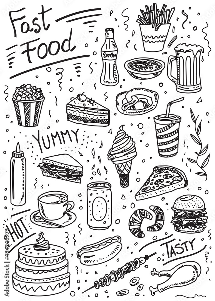 Fast food hand drawn vector doodles Stock Vector | Adobe Stock