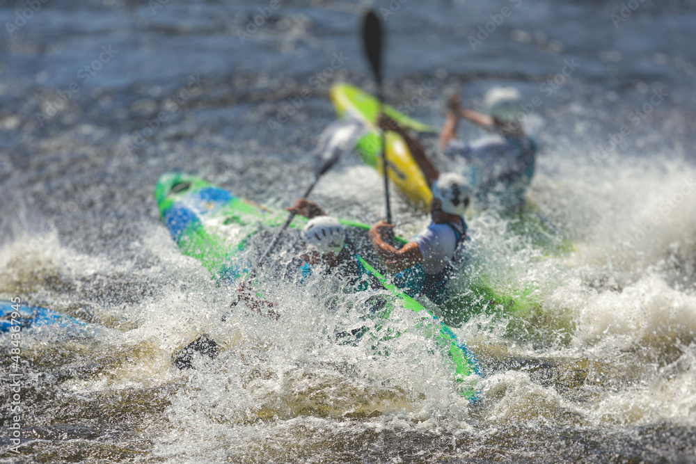 Kayak slalom canoe race in white water rapid river, process of kayaking ...
