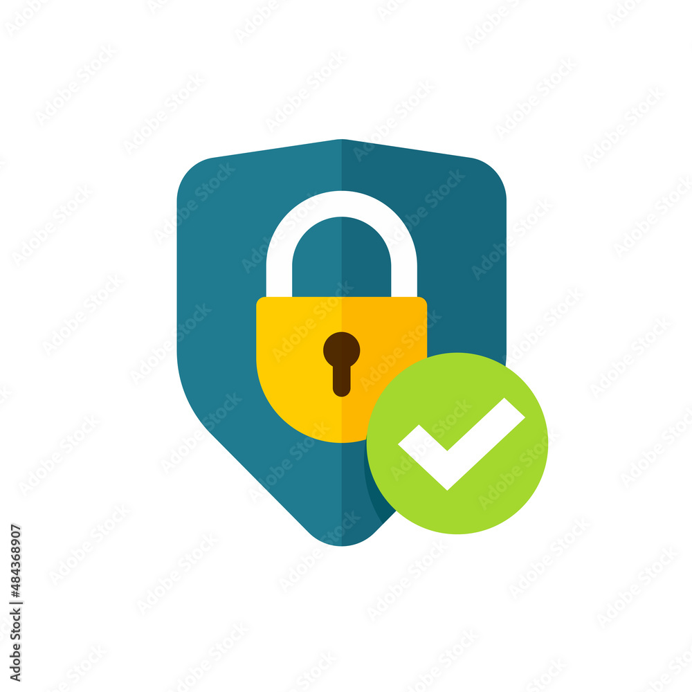 Secure icon with lock shield and check mark as flat logo design as ...