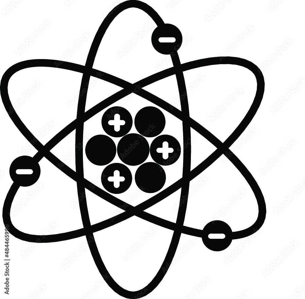 Atomic nucleus icon structure. Around the atom, gamma waves, protons ...