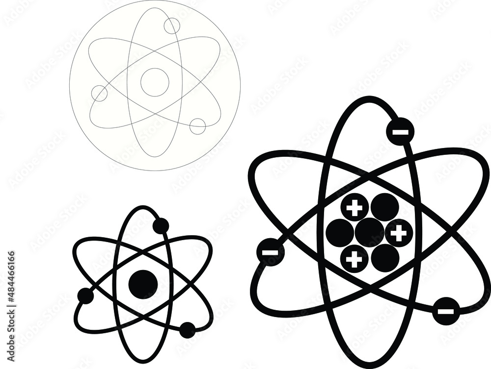 Atomic nucleus icon structure. Around the atom, gamma waves, protons ...