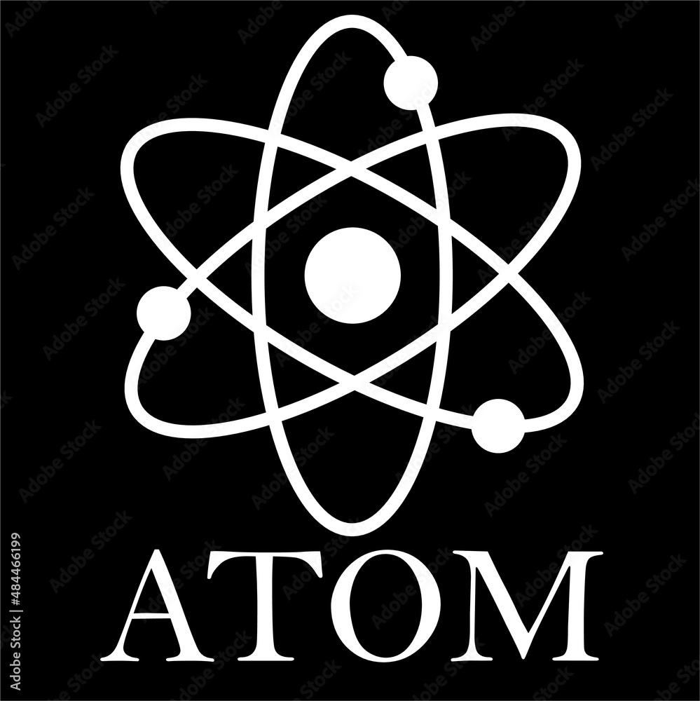 Atomic nucleus icon structure. Around the atom, gamma waves, protons ...