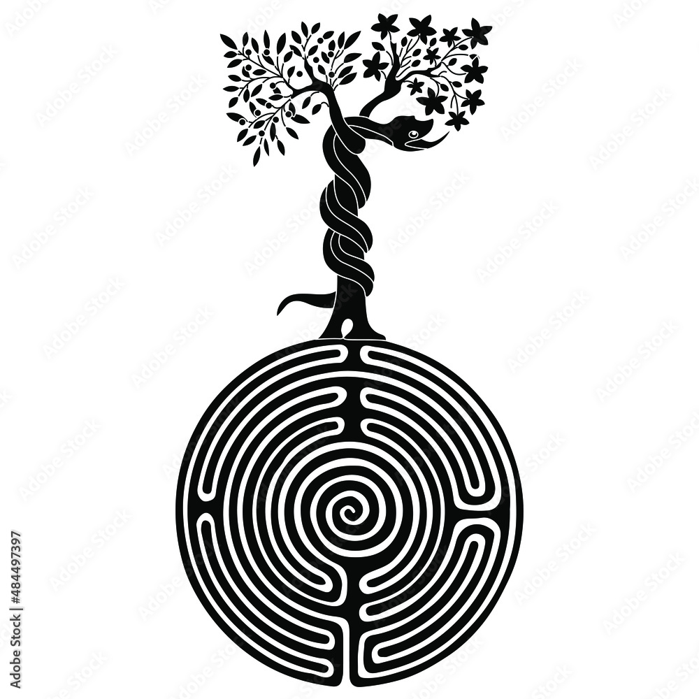 Tree of Eden with devil serpent on top of a round spiral maze or ...