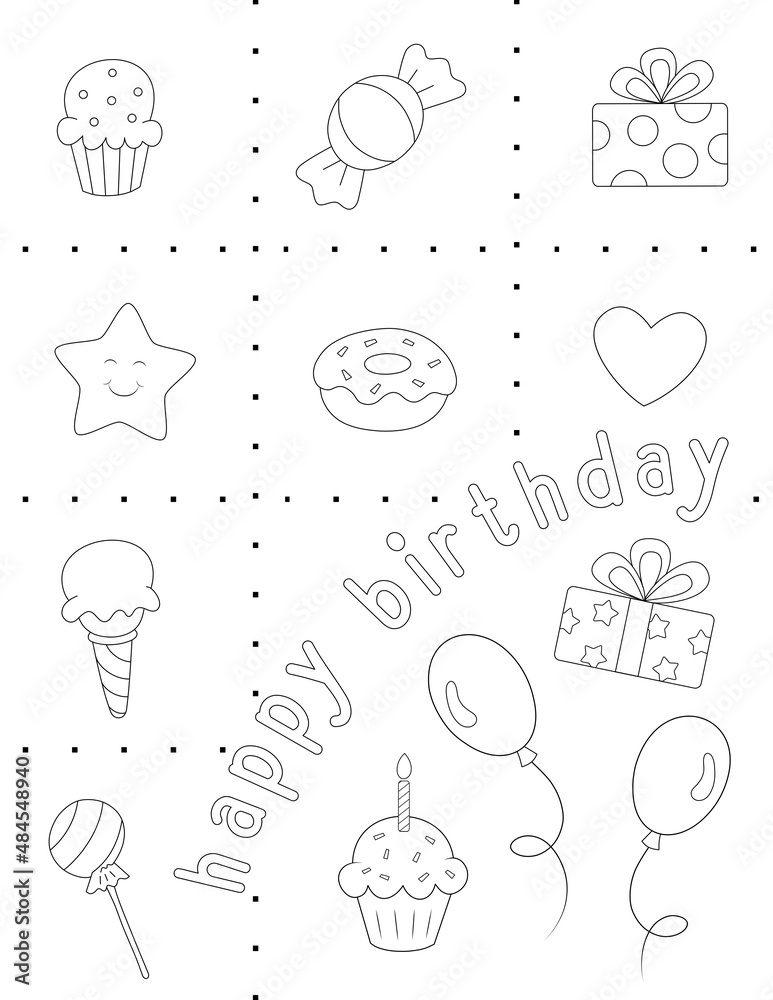 ภาพประกอบ Stock happy birthday party coloring page with a set of fun ...