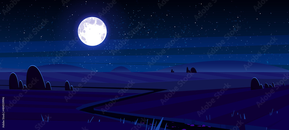 Rural landscape with agriculture fields at night. Vector cartoon ...