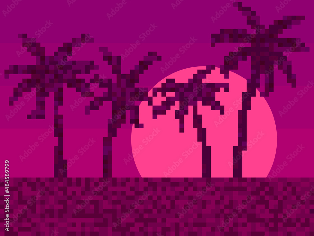 Vector de Stock Pixelated palm trees at sunset in 80s style. 8-bit red ...