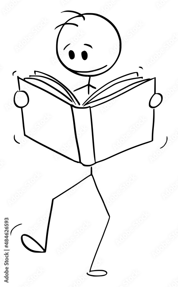 Reader Person Walking and Reading Book , Vector Cartoon Stick Figure ...