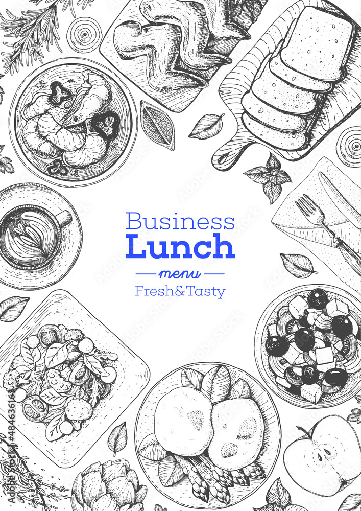Business lunch top view frame. Food menu design. Vintage hand drawn ...