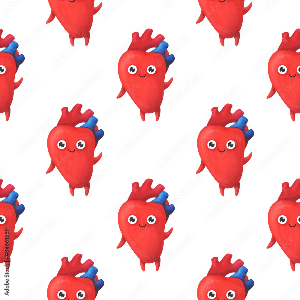 Seamless pattern with a human heart, internal organs. Watercolor ...