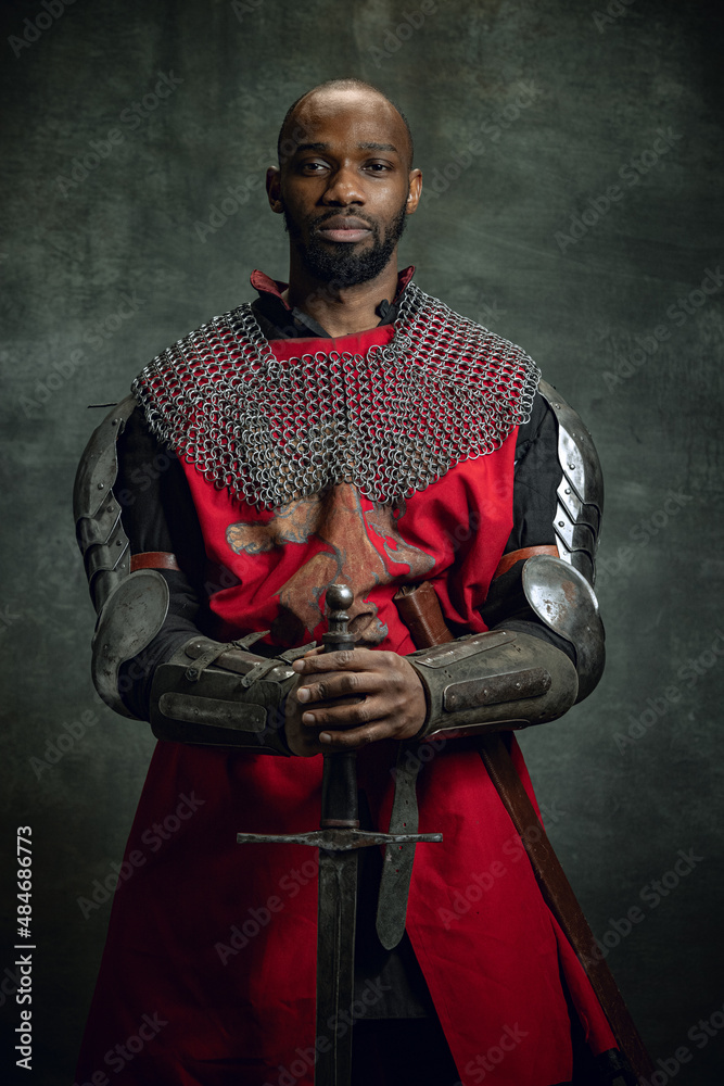 Medieval knight. Portrait of brutal african man, medieval warrior ...