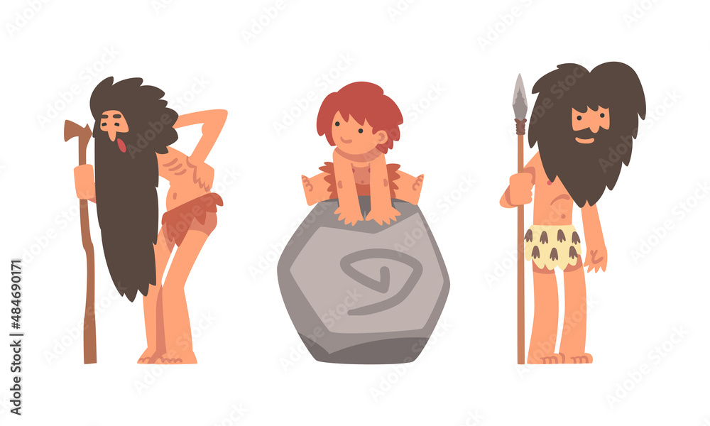 Standing Primitive Man Character with Spear and Boy from Stone Age ...