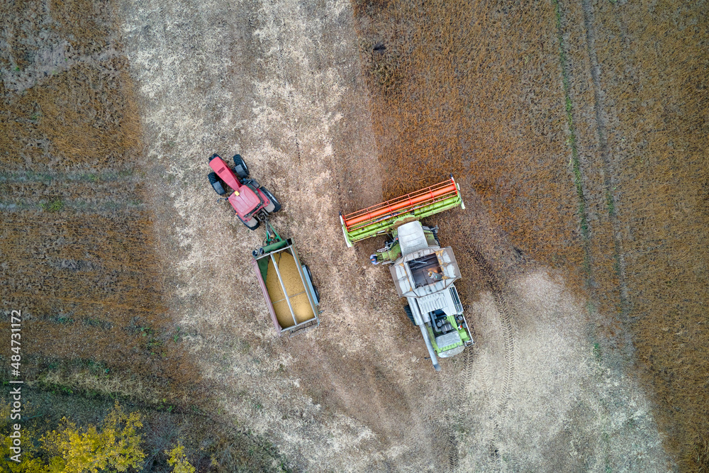 Aerial view of combine harvester unloading grain in cargo trailer ...