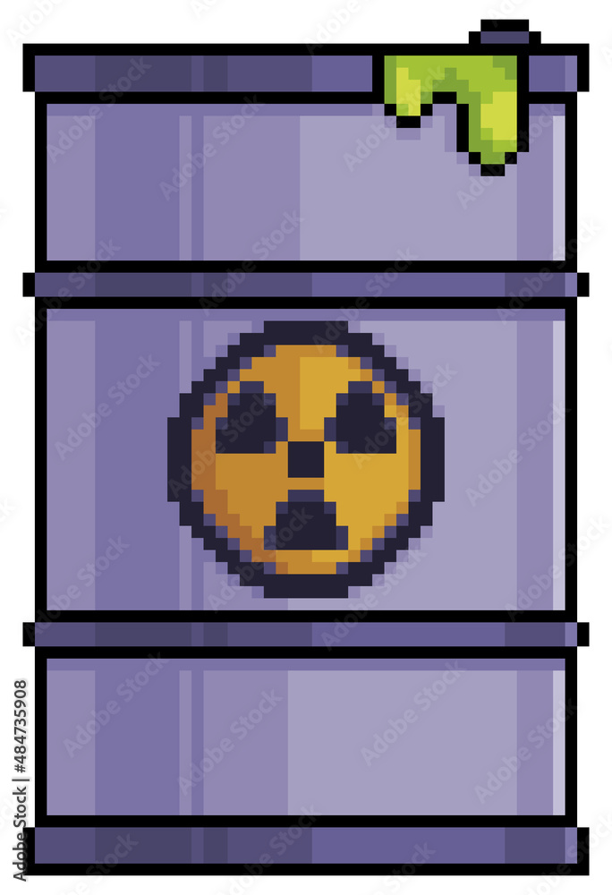 Pixel art toxic barrel with poison vector icon for 8bit game on white ...