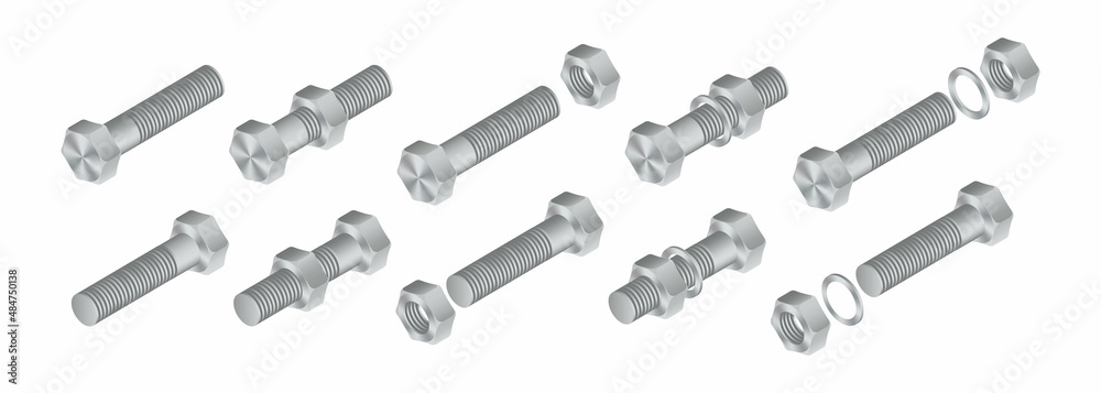 Isometric vector illustration steel bolt and hex nut isolated on white ...