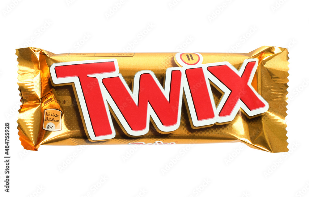 Twix chocolate bar on white background. Twix is a caramel shortbread ...