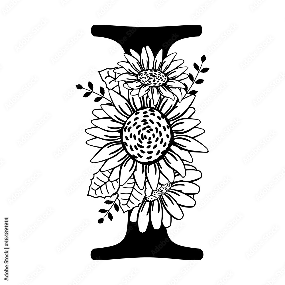 Vector de Stock Capital letter I with flowers. Monogram, signature ...
