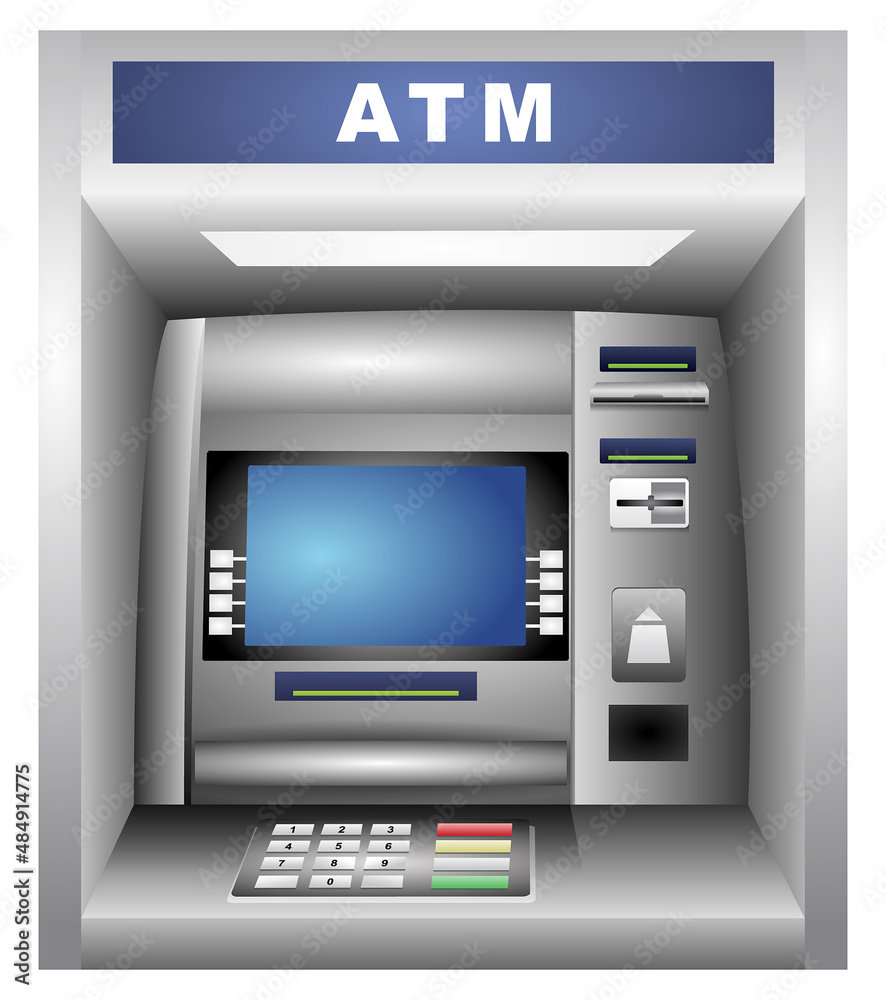 เวกเตอร์ Stock Realistic Illustration of a ATM Machine, atm bank cash machine with screen ...